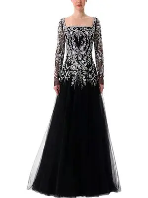 DINA MELWANI Embellished Tulle Maxi Dress - Black