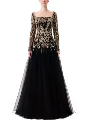 DINA MELWANI Embellished Tulle Maxi Dress - Black
