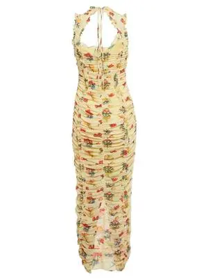 DE LA VALI Floral Print Ruched Maxi Dress - Yellow