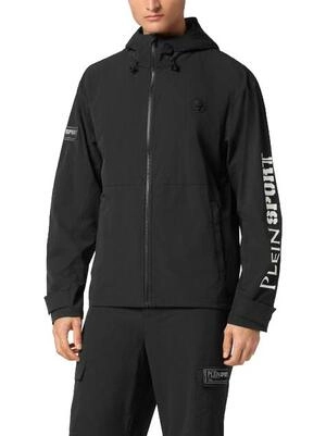 PLEIN SPORT Technical Nylon Hooded Windbreaker Jacket With Long Sleeves - Black