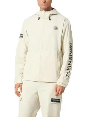 PLEIN SPORT Technical Nylon Hooded Windbreaker Jacket With Long Sleeves - Grey