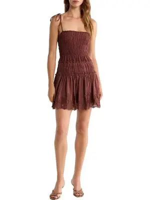 ALL IN FAVOR Shirred Tie Shoulder Lace Trim Mini Dress