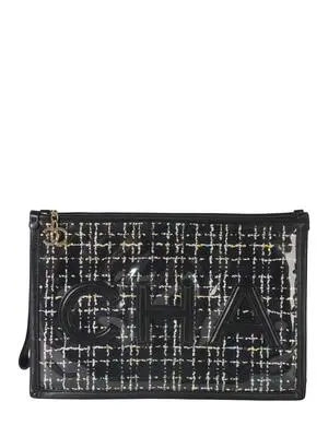 Chanel Tweed Pvc Lambskin Logo Pouch - Black
