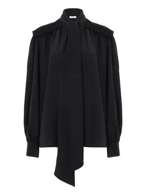 Chloé Gathered Scarf-tie Blouse In Crêpe De Chine & Lace - Black
