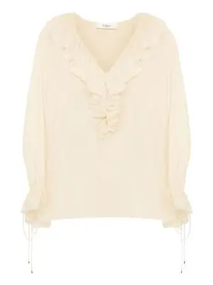 Chloé Chloé V-Neck Ruffle Top In Crêpe De Chine Pristine White