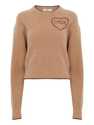 Chloé Cropped Fitted Wool & Cashmere Logo Sweater - Bleached Brown