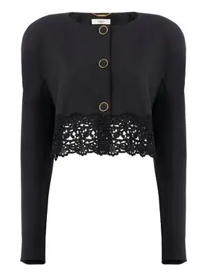Chloé Cropped Jacket In Wool Grain De Poudre With Lace Trim - Black