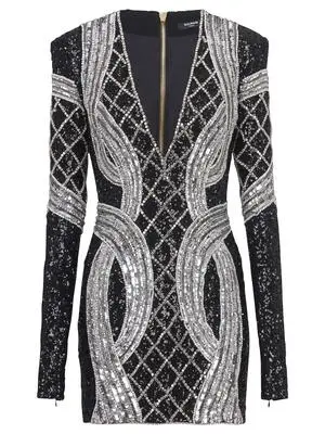 Balmain Short Sequined V-neck Dress - Black