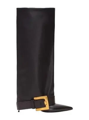 Balmain Calfskin Knee-high Boots With Gold Buckle Detail - Black