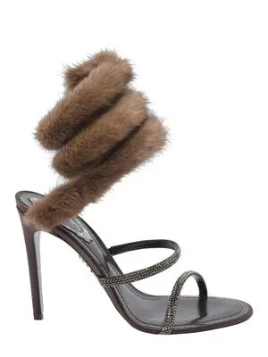 Rene Caovilla Lindsey Fur Detail Stiletto Sandals - Brown