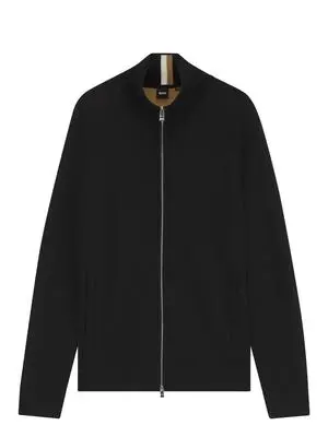 BOSS Virgin Wool Cardigan With Zip Front - Black