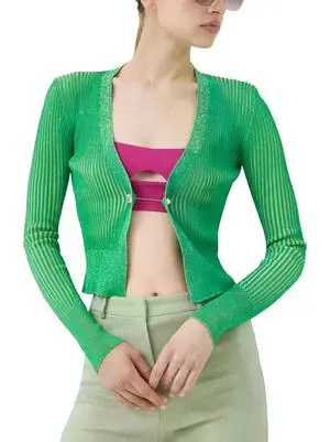 Beatrice B Ribbed Knit Crystal Embellished Cardigan - Green