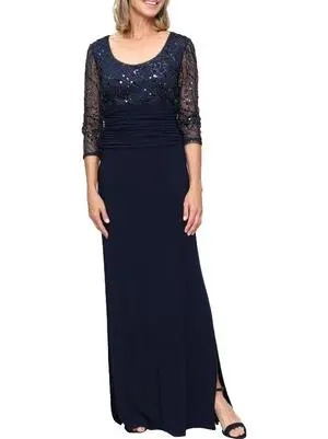 SL FASHIONS Sequin Bodice Matte Jersey Gown - Navy