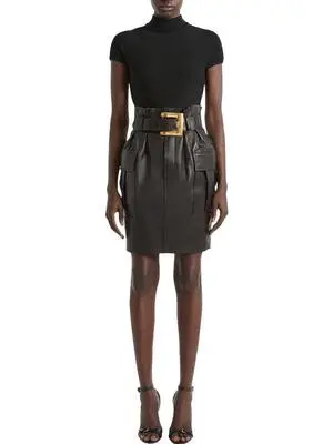 Balmain Belted Lambskin Leather Skirt - Black