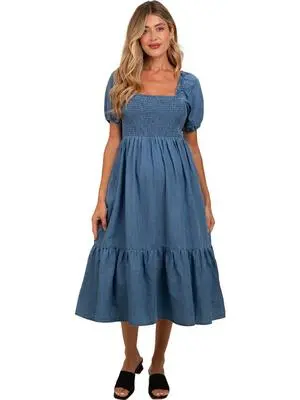 PINKBLUSH Vintage Wash Chambray Smocked Puff Sleeve Midi Dress - Blue