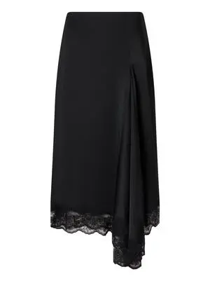 Alexander McQueen Asymmetric Draped Lace-trimmed Crepe Midi Skirt - Black