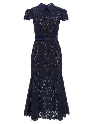 SELF-PORTRAIT Navy Guipure Lace Midi Dress With 3d Floral Appliqu - Blue