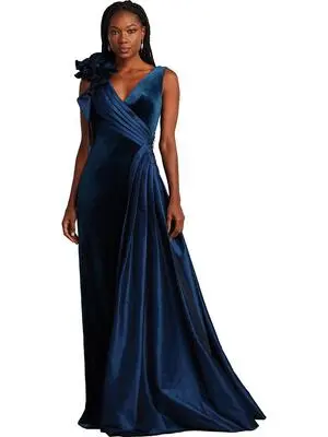 Tadashi Shoji Barlowe Ruffled Shoulder Draped Gown - Navy