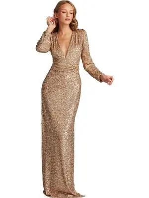 Tadashi Shoji Long Sleeve Sequin Mesh Plunge Gown - Copper