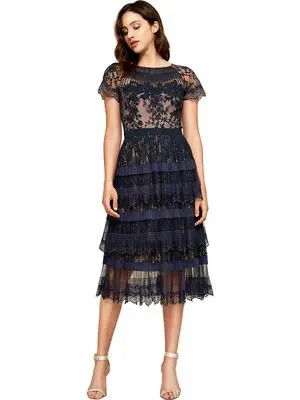 Tadashi Shoji Nixie Pleated Tea-length Dress - Black/nude