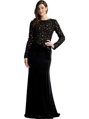 Tadashi Shoji Sinnott Chenille Embroidered Gown - Black/nude