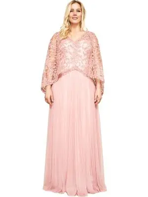Tadashi Shoji Tulle Gown With Cord Embroidery - Navy