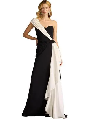 Tadashi Shoji Lune Waterfall Sash Gown - Black/ivory