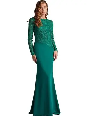 Tadashi Shoji Caliste Embroidered Crepe Gown - Emerald