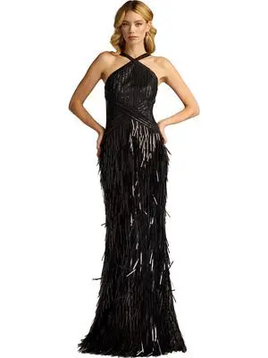Tadashi Shoji Sequin Fringe Halter Gown - Black