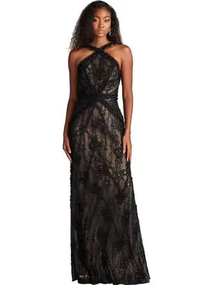 Tadashi Shoji Kaiti Embroidered Halter Gown - Black/nude