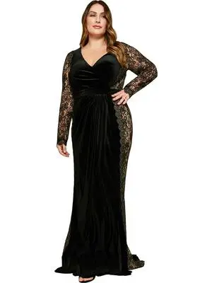 Tadashi Shoji Long-sleeve Velvet Gown With Lace Panels - Black/nude