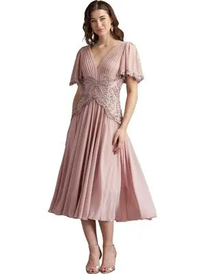 Tadashi Shoji Indira Embroidered Chiffon Midi Dress - Pebble
