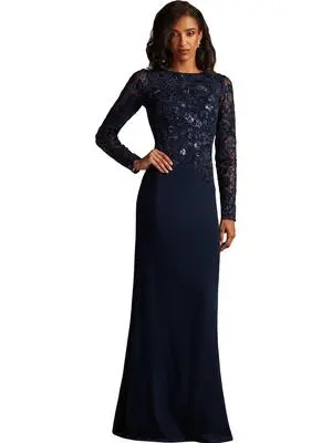 Tadashi Shoji Forena Embroidered Crepe Gown - Navy