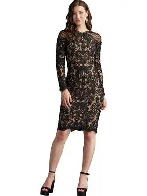 Tadashi Shoji Embroidered Illusion Sheath Dress - Black/nude