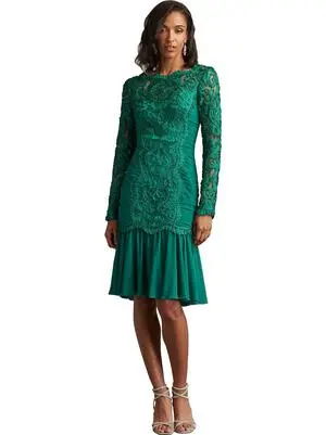 Tadashi Shoji Novara Embroidered Lace Skater Dress - Emerald