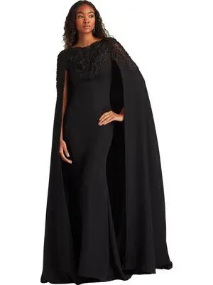Tadashi Shoji Massaro Embroidered Cape Gown - Black