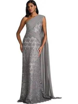Tadashi Shoji Eamon Draped Sleeve Sequin Embroidered Gown - Mist
