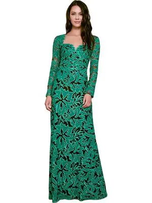 Tadashi Shoji Yarrow Floral Applique Evening Gown - Moss/black