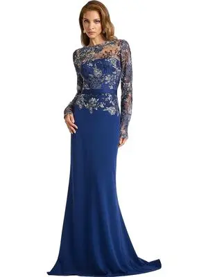 Tadashi Shoji Beacon Belted Embroidered Illusion Gown - Midnight