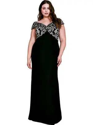 Tadashi Shoji Off-shoulder Twisted Jacquard Gown - Silver/black