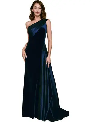 Tadashi Shoji Irie One-shoulder Velvet & Taffeta Gown - Navy