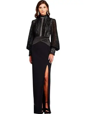 Tadashi Shoji Lace & Textured Crepe Gown With Plunging Cutout And Slit - Black