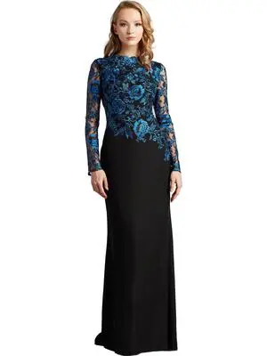 Tadashi Shoji Embroidered Crepe Gown - Lapis/black