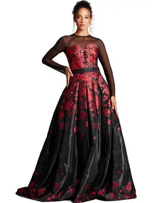 Tadashi Shoji Beyza Organza Jacquard Gown - Ruby Red/black