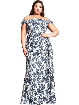 Tadashi Shoji Airi Off-shoulder Gown - Navy/ivory