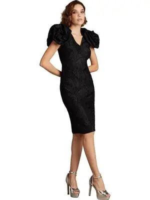 Tadashi Shoji Floral Jacquard Rosette Sleeve Dress - Black