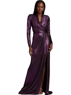 Tadashi Shoji Vienna Draped Metallic Lamé Gown - Violet