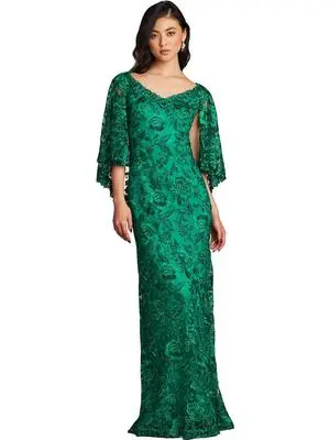 Tadashi Shoji Embroidered Capelet Sleeve Gown - Pine