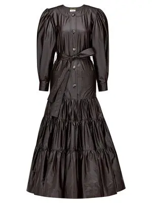 Saint Laurent Saharienne Prairie Dress In Coated Cotton - Marron
