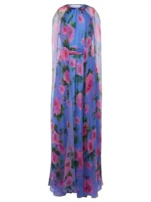 Carolina Herrera Floral Cape Halterneck Silk Gown - Blue